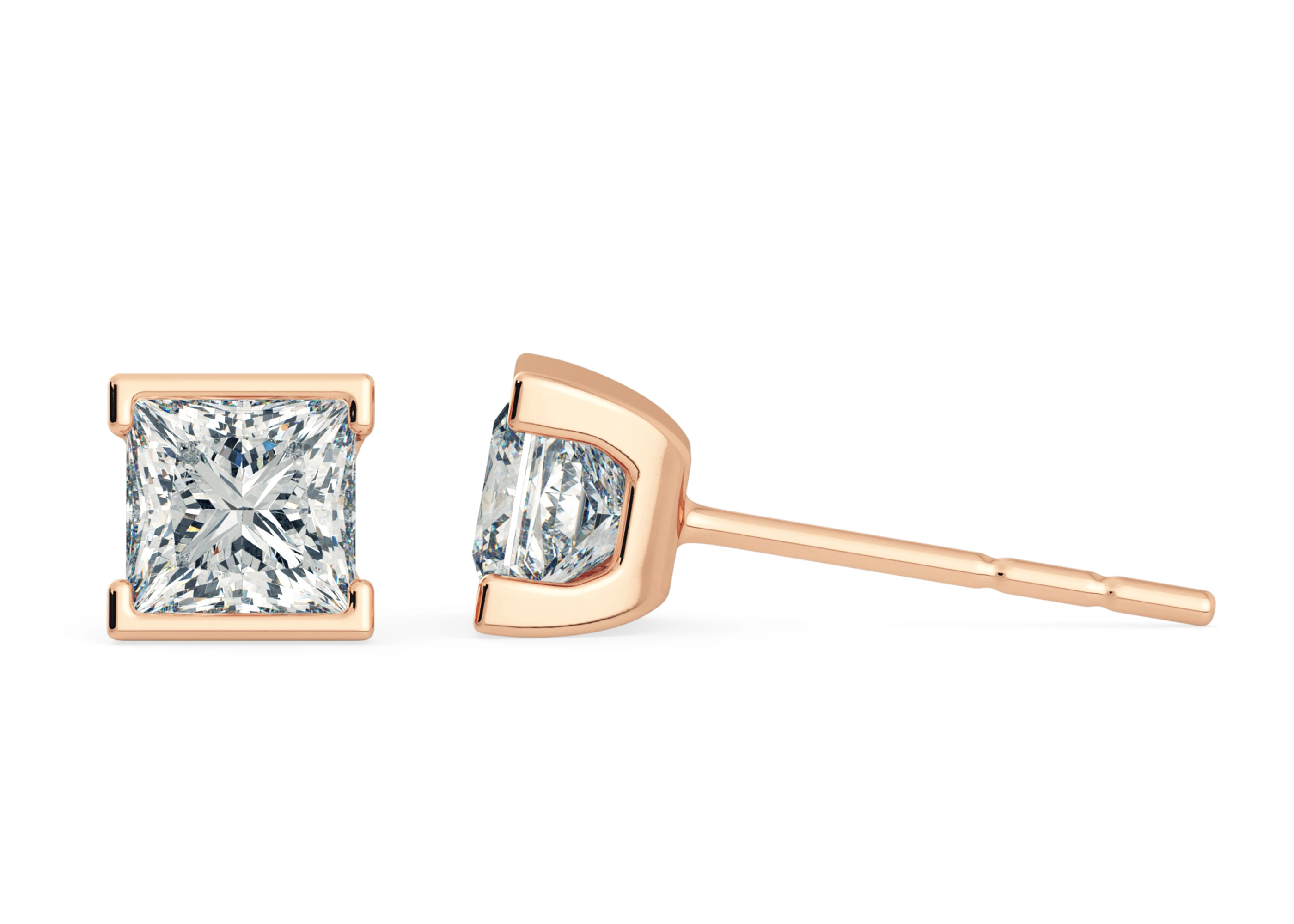 Alvera Princess Diamond Stud Earrings in 18K Rose Gold with Alpha Backs ...