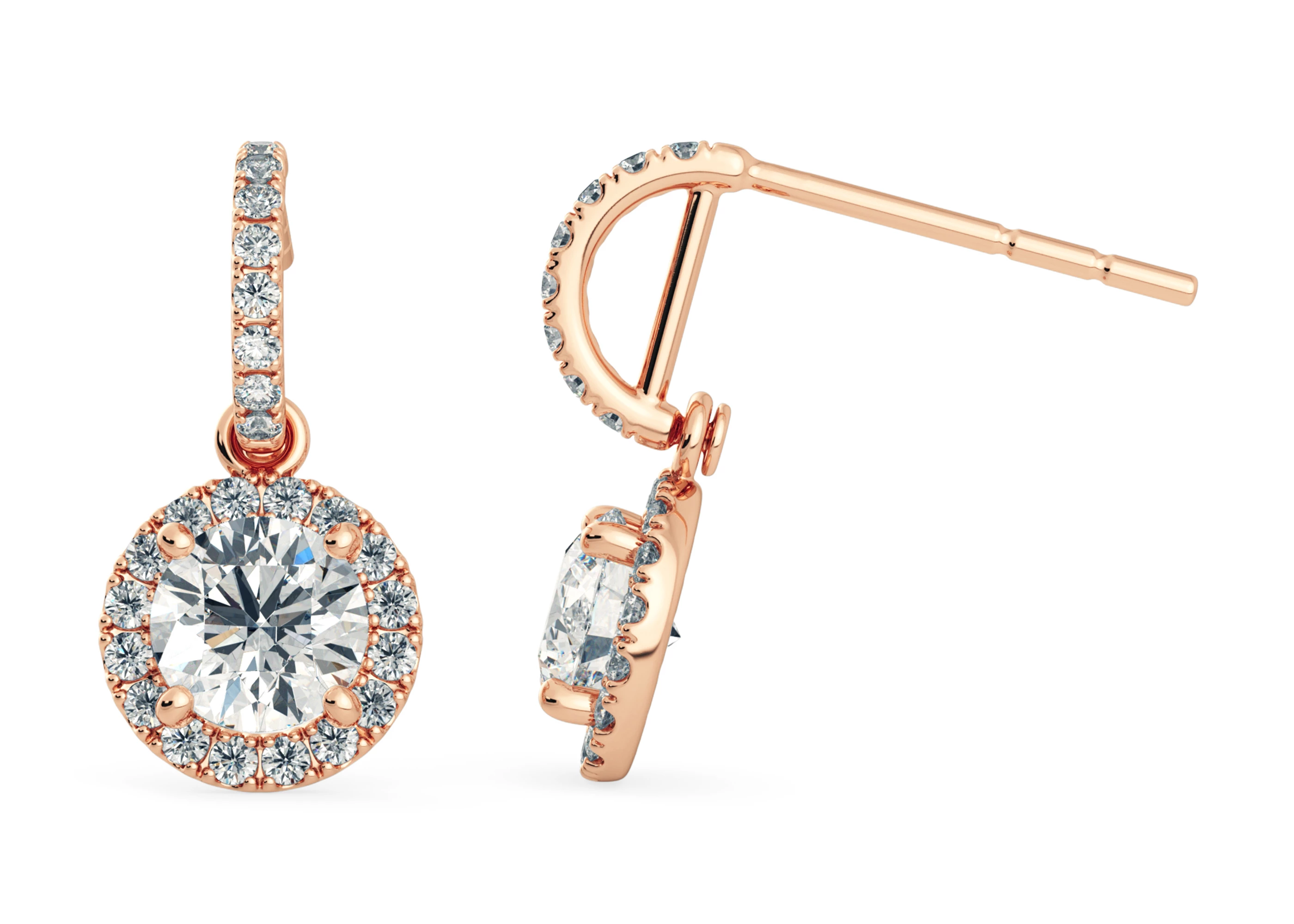 Bijou Round Brilliant Diamond Drop Earrings in 18K Rose Gold with Alpha ...